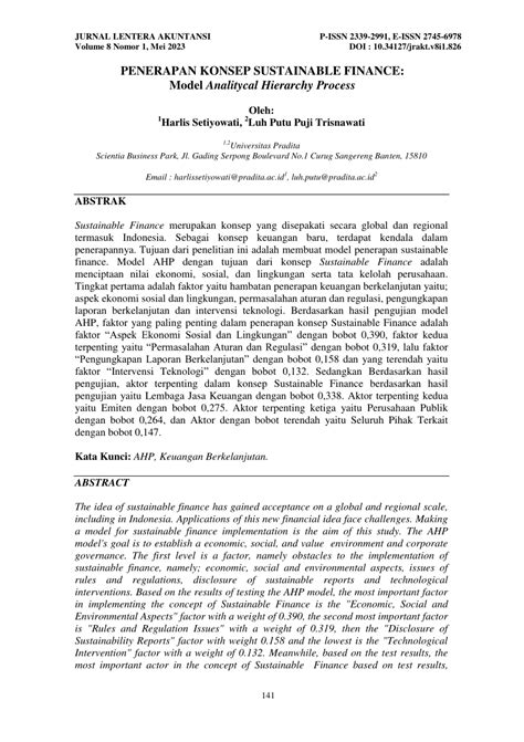 Pdf Penerapan Konsep Sustainable Finance Model Analitycal Hierarchy