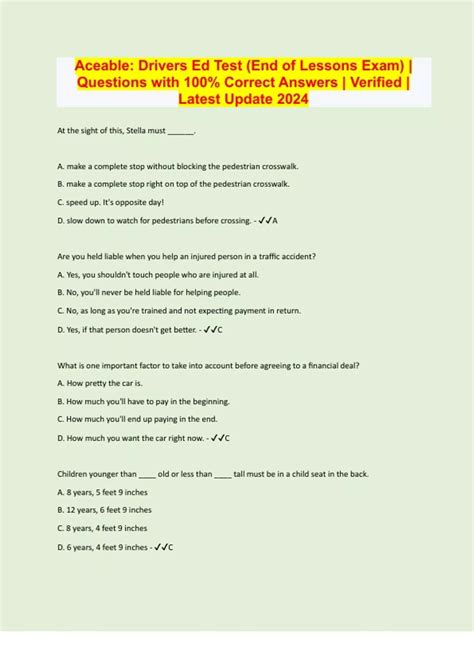 Aceable Drivers Ed Test End Of Lessons Exam Questions With 100 Correct Answers Verified