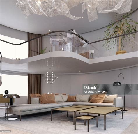 3d 렌더링 3d 일러스트레이션 인테리어 장면 및 모형 메자닌 거실 곡선 유리 난간 현대 스타일 중이층에 대한 스톡 사진 및 기타 이미지 Istock