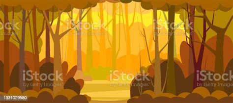 숲 나무 그림 길 키가 크고 분지된 트렁크가 있는 조밀한 야생 식물 가을 오렌지 풍경 플랫 디자인 만화 스타일 벡터 가을에 대한 스톡 벡터 아트 및 기타 이미지 Istock