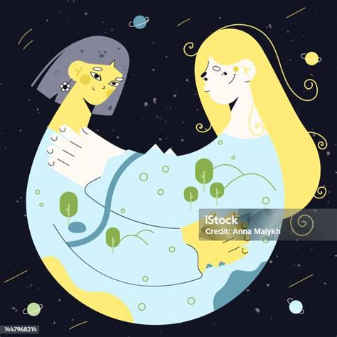 태양 달 및 지구 우주의 장치 소녀 태양과 소녀 달 타로 엽서 배너 배경 벡터 그림 점성술 기호에 대한 스톡 벡터 아트 및 기타 이미지 Istock