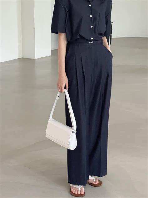 플루트 데님 진청 벨트 와이드 핀턱 팬츠