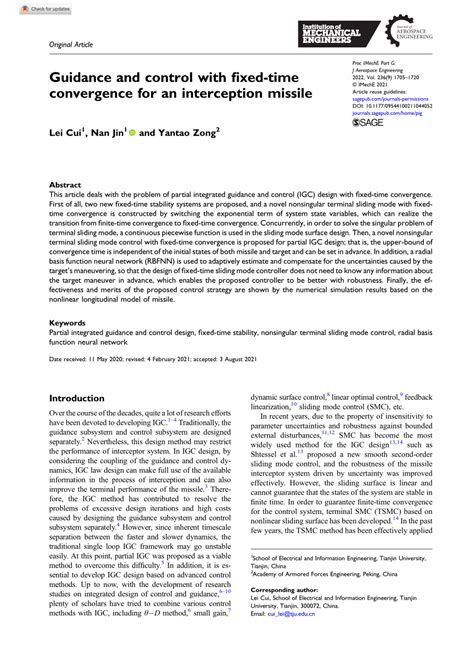 Pdf Guidance And Control With Fixed Time Convergence For An Interception Missile