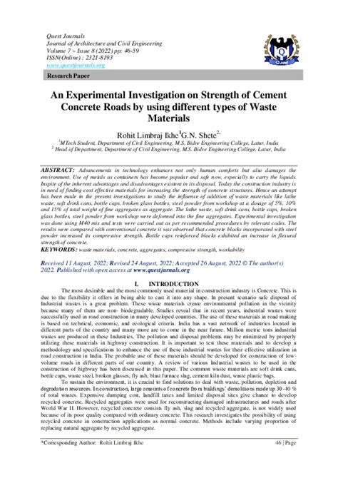 Pdf An Experimental Investigation On Strength Of Cement Concrete Roads By Using Different