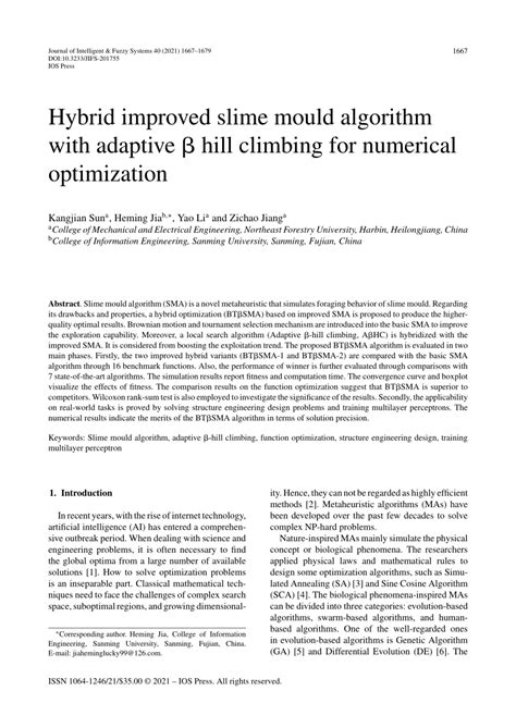 Pdf Hybrid Improved Slime Mould Algorithm With Adaptive β Hill
