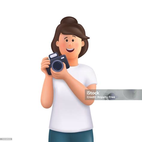 카메라를 들고 사진을 찍고 미소짓는 젊은 여성 제인 전문 사진 작가 카메라맨 개념 3d 벡터 사람 문자 일러스트레이션 3차원 형태에 대한 스톡 벡터 아트 및 기타 이미지