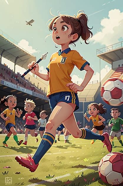 Niña Jugando Al Fútbol Con Amigos En El Campus Infancia Feliz Fondo De