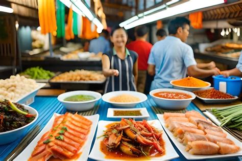 Premium Photo A Woman Stands Behind A Buffet Of Food With Other People Behind Her