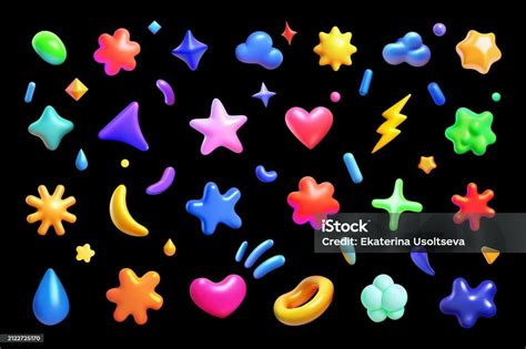 검은 배경에 3d 만화 벡터 모양과 기호의 다채로운 컬렉션입니다 하트 모양에 대한 스톡 벡터 아트 및 기타 이미지 하트 모양 만화 별 모양 Istock