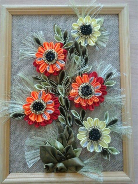 Картина в технике канзаши Мастер класс Вышивка крестом Тканевые цветы Искусство из лент