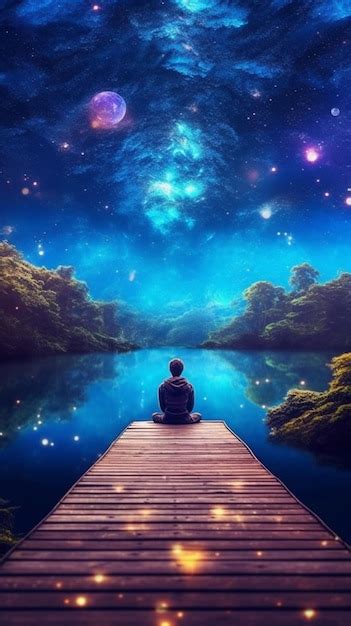 Premium Photo A Man Sitting On A Dock Looking At The Stars In The Sky Generative Ai