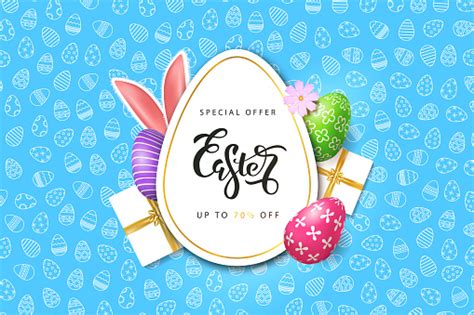 벡터 부활절 달걀 토끼 귀와 선물 장식와 블루 장식 배경에 대 한 판매에 대 한 현실적인 격리 된 포스터 행복 한 부활절의 개념입니다 0명에 대한 스톡 벡터 아트 및 기타