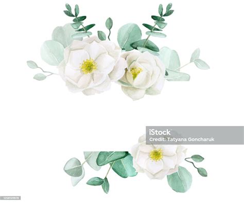 수채화 도면 유칼립투스 잎과 야생 장미 모란의 흰 꽃의 프레임 결혼식 카드 초대장 인사말 디자인 텍스트를 위한 장소가 있는 흰색 배경에서 격리 0명에 대한 스톡 벡터 아트