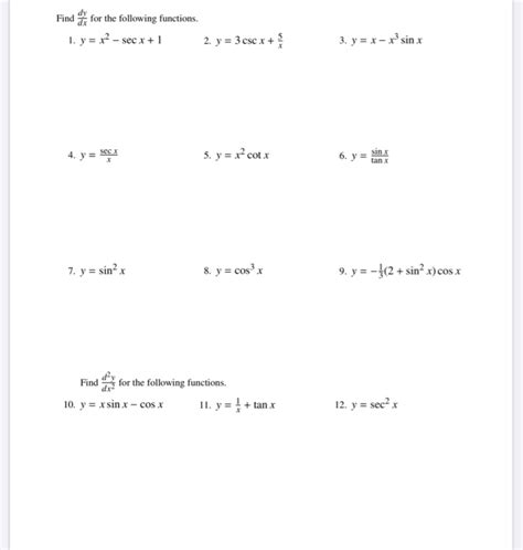 solved find for the following functions 1 y x2 sec x