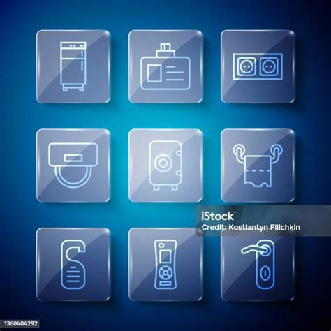 세트 라인은 방해하지 마십시오 원격 제어 문 손잡이 전기 콘센트 안전 벨보이 모자 냉장고 및 화장지 롤 아이콘 벡터 가정 주방에