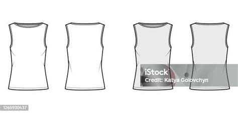 릴렉스 핏 하이 네크라인 길쭉한 밑단 민소매가 있는 코튼 저지 탱크 테크니컬 패션 일러스트 플랫 셔츠 0명에 대한 스톡 벡터 아트 및 기타 이미지 Istock