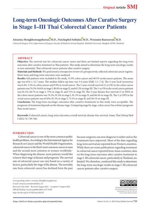 Pdf Long Term Oncologic Outcomes After Curative Surgery In Stage Iiii Thai Colorectal Cancer