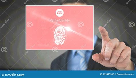 Composition Of Businessman Touching Screen With Biometric Fingerprint