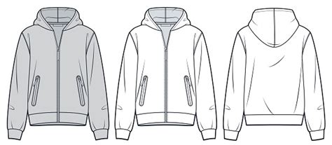 지퍼 재킷 테크니컬 패션 일러스트레이션입니다 후드 스웨트 셔츠 패션 플랫 테크니컬 드로잉 템플릿 포켓 편안한 핏 앞면과 뒷면보기 화이트 그레이 여자 남자 남여 공용 스포츠
