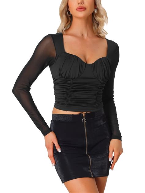 Inspire Chic Womens Long Sleeve Mesh Sweetheart Neck Ruched Blouse