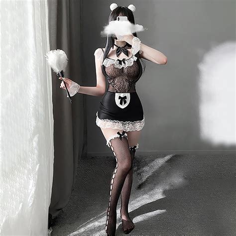 Yomorio Sexy Maid Costume Black Maid Anime Lingerie Lace Trim Cosplay