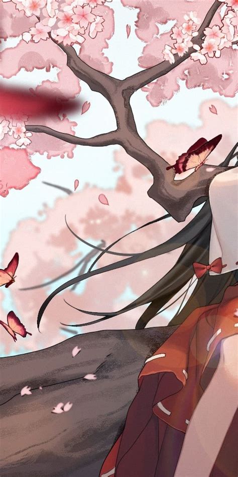 Обои на телефон Сакура Аниме Оригинал Черные Волосы Цветок Длинные Волосы 974341