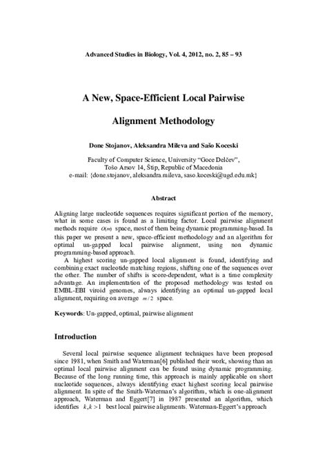 Pdf A New Space Efficient Local Pairwise Alignment Methodology