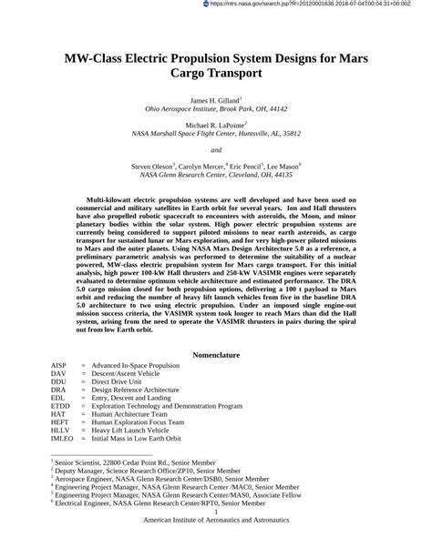 pdf mw class electric propulsion system designs for mars … · mw class