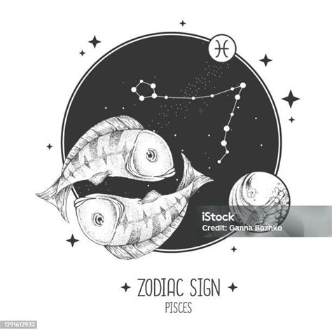 점성술 물고기자리 조디악 기호현대 마법 마술 카드 사실적인 손 그리기 잉어 피쉬 일러스트 조디악 특성 물고기자리에 대한 스톡