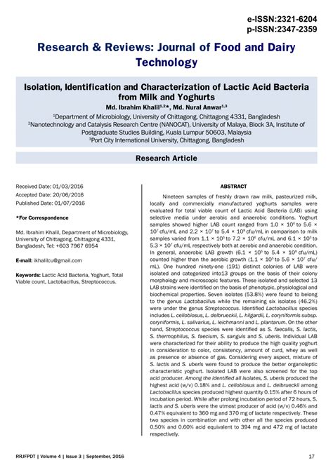 Pdf Isolation Identification And Characterization Of Lactic Acid