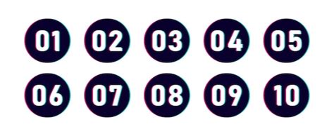 흰색 배경에 슈퍼 세트 글리치 글머리 기호 1에서 10까지의 숫자가 있는 다채로운 글리치 왜곡된 마커 현대 벡터 그림 프리미엄 벡터