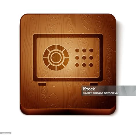 흰색 배경에 격리 된 갈색 안전 아이콘입니다 도어는 조합 잠금 장치가있는 은행 금고를 안전하게 보호합니다 신뢰할 수 있는 데이터 보호 나무 사각형 버튼입니다 벡터