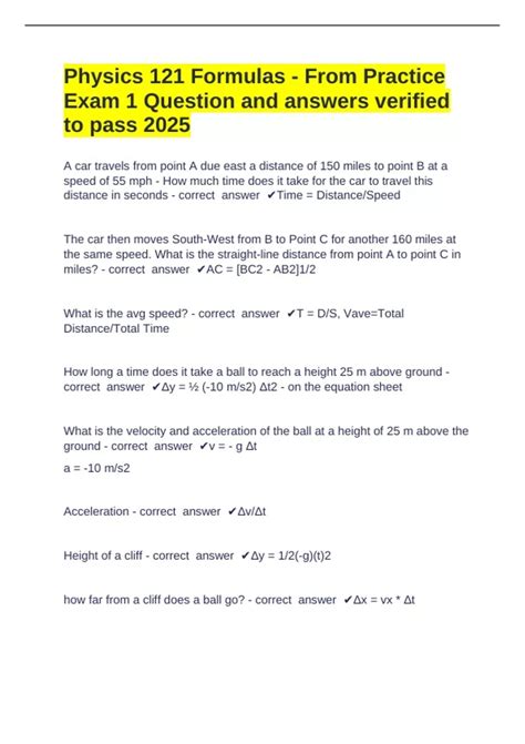 Physics 121 Formulas From Practice Exam 1 Question And Answers