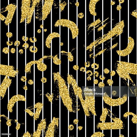 골드 반짝이 브러쉬 스트라이프 오 점 자리와 현대 완벽 한 패턴입니다 검은 바탕에 황금 백색 색깔입니다 손으로 그린 금속 질감 빛나는 불꽃 요소입니다 패션 현대적인