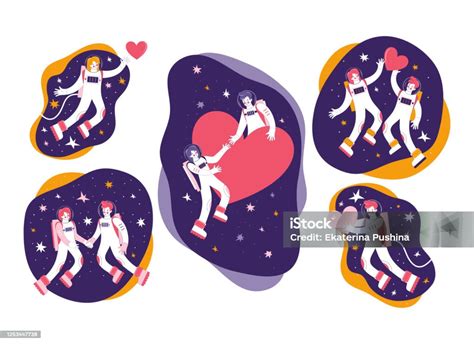 우주에서 손으로 그린 세트 만화 캐릭터 우주 비행사 우주 비행사 남자와 여자 사랑하는 부부는 별과 마음 사이에서 공간에서 비행하고 있습니다 우주에서 우주의 사랑 해피