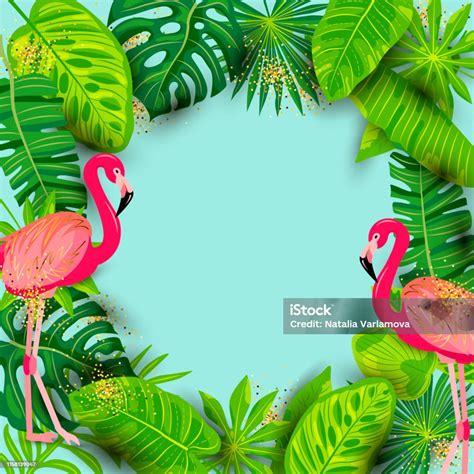 핑크 플라밍고와 이국적인 야자수 잎 수영장 스포츠 경기장에 대한 스톡 벡터 아트 및 기타 이미지 수영장 스포츠 경기장 여름 초대장 Istock
