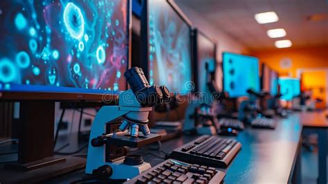 Generative Ai Computer Lab With Monitors And Educational Microscopes On The Table Business