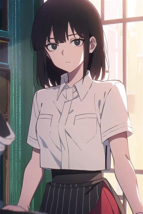 Anime Girl In A White Shirt And Red Skirt Standing In Front Of A Window