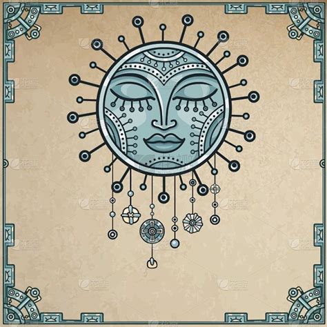 梦幻般的太阳图像金属的护身符背景 帧从铁元素仿旧纸张矢量图
