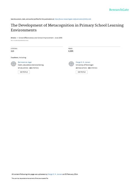 The Development Of Metacognition In Primary School Pdf Metacognition Psychology
