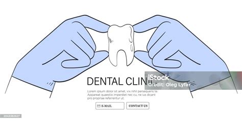 파란 의료 장갑을 낀 손은 흰 치아를 들고 벡터 일러스트 레이 션 치과 진료소 연습실 또는 사무실을 위한 기치 치과 치료 플래카드 배너 또는 웹 사이트 페이지 구강 건강