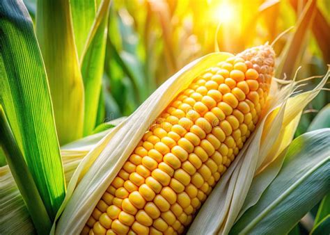 Closeup Of A Golden Corn Cob In A Lush Green Field A Vibrant Macro