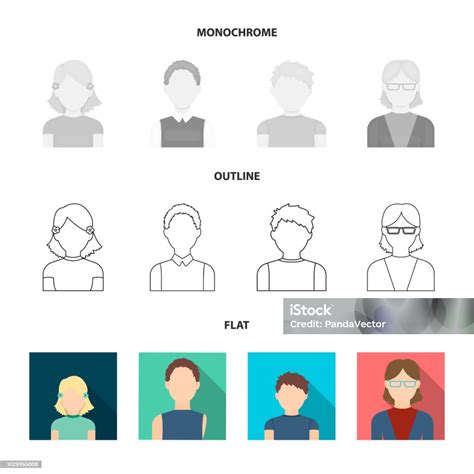 빨간 머리 소년 십 대 소녀 할머니 안경 착용 아바타는 평면 개요 흑백 스타일 벡터 기호 재고 일러스트 웹 컬렉션 아이콘을 설정합니다 금발 머리에 대한 스톡 벡터 아트 및