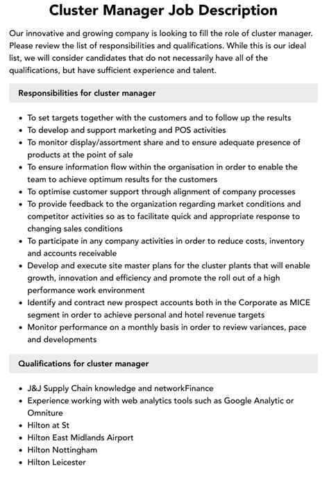 Cluster Manager Job Description Velvet Jobs