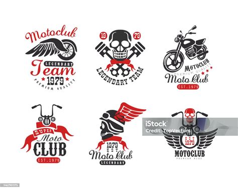 모토클럽 복고풍 배지 세트 바이커 클럽 오토바이 수리점 티셔츠 인쇄 빈티지 라벨 벡터 일러스트 레이 션 로고에 대한 스톡 벡터