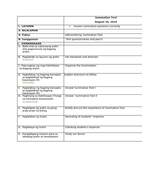 Summative Exam Lesson Plan Pdf