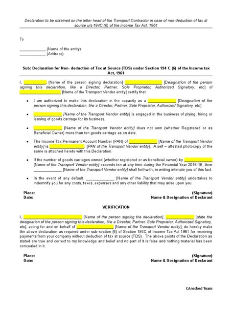 Tds Declaration Us 194c 6 Transporters Pdf Payments Public Finance