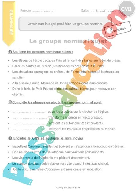 Exercice Groupe Nominal CM Cycle Pass Education