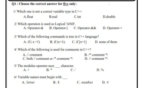 solved q1 choose the correct answer for five only 1 which
