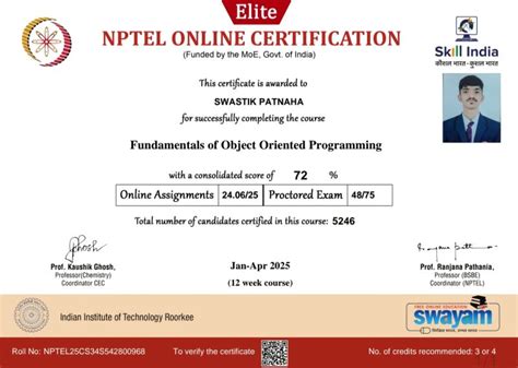 Proud To Have Completed The Nptel Course On Fundamentals Of Object